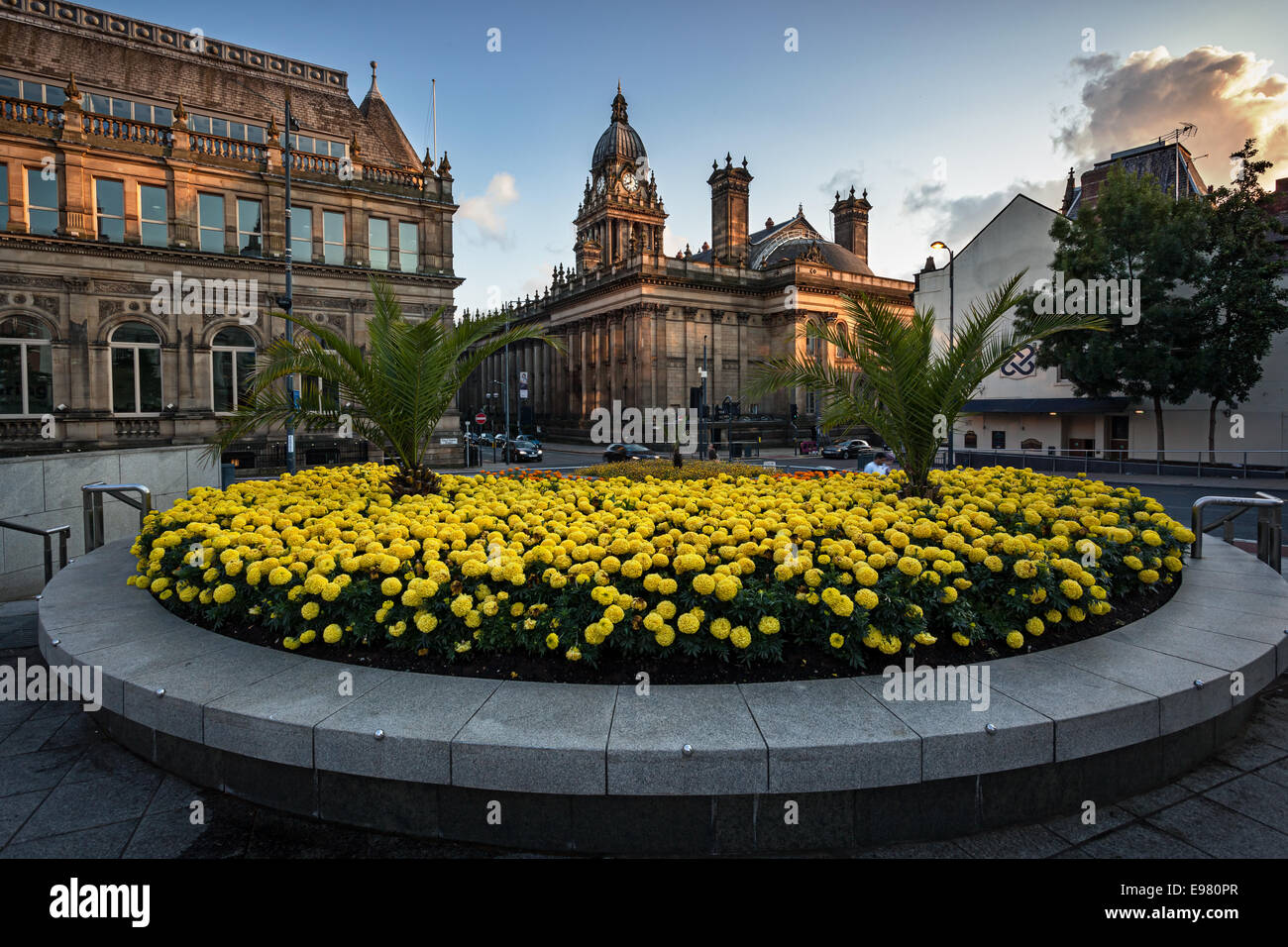 Leeds city centre in spring bloom and the Leeds town hall Stock Photo ...