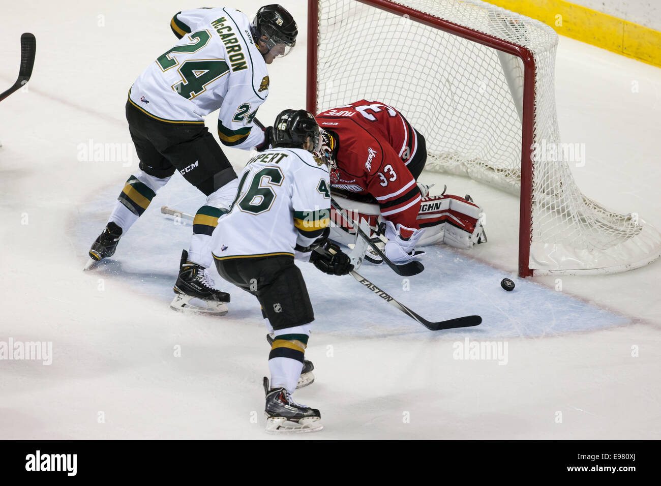 October 17, 2014. Matt Rupert (44) of the London Knights rushes to ...