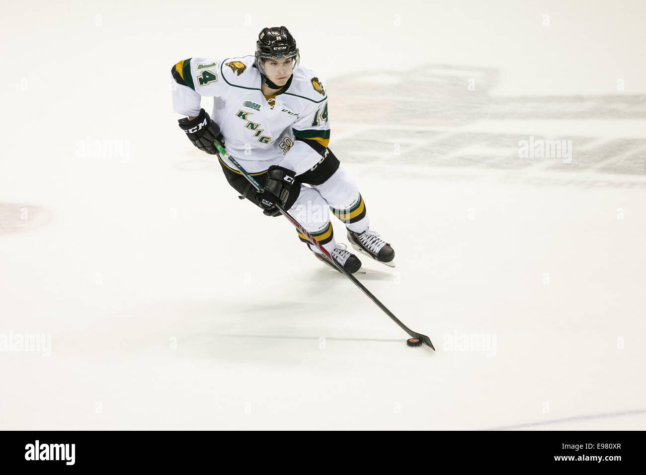 October 17, 2014. London Knights defensman Brandon Crawley (14) carries ...