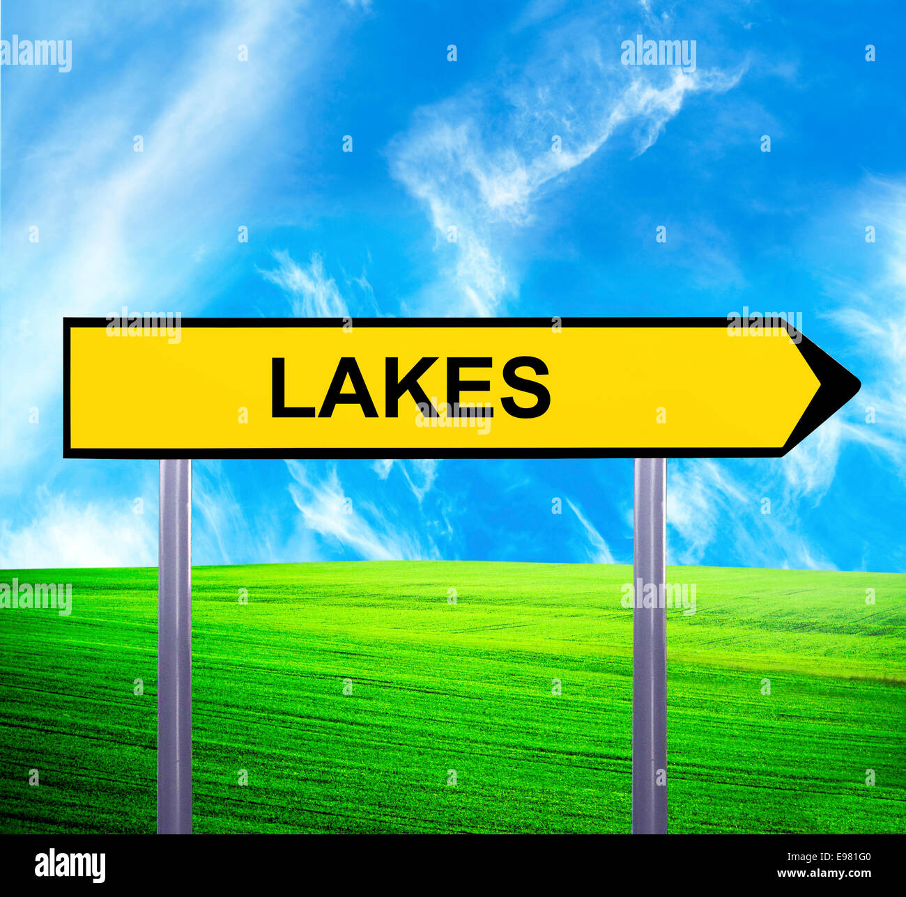Conceptual arrow sign against beautiful landscape with text - LAKES ...