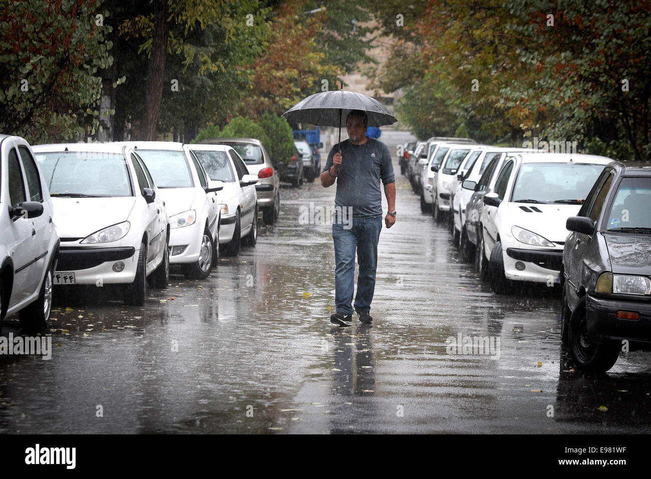 Tehran, Iran. 21st Oct, 2014. A man walks in heavy rainfall in Tehran ...