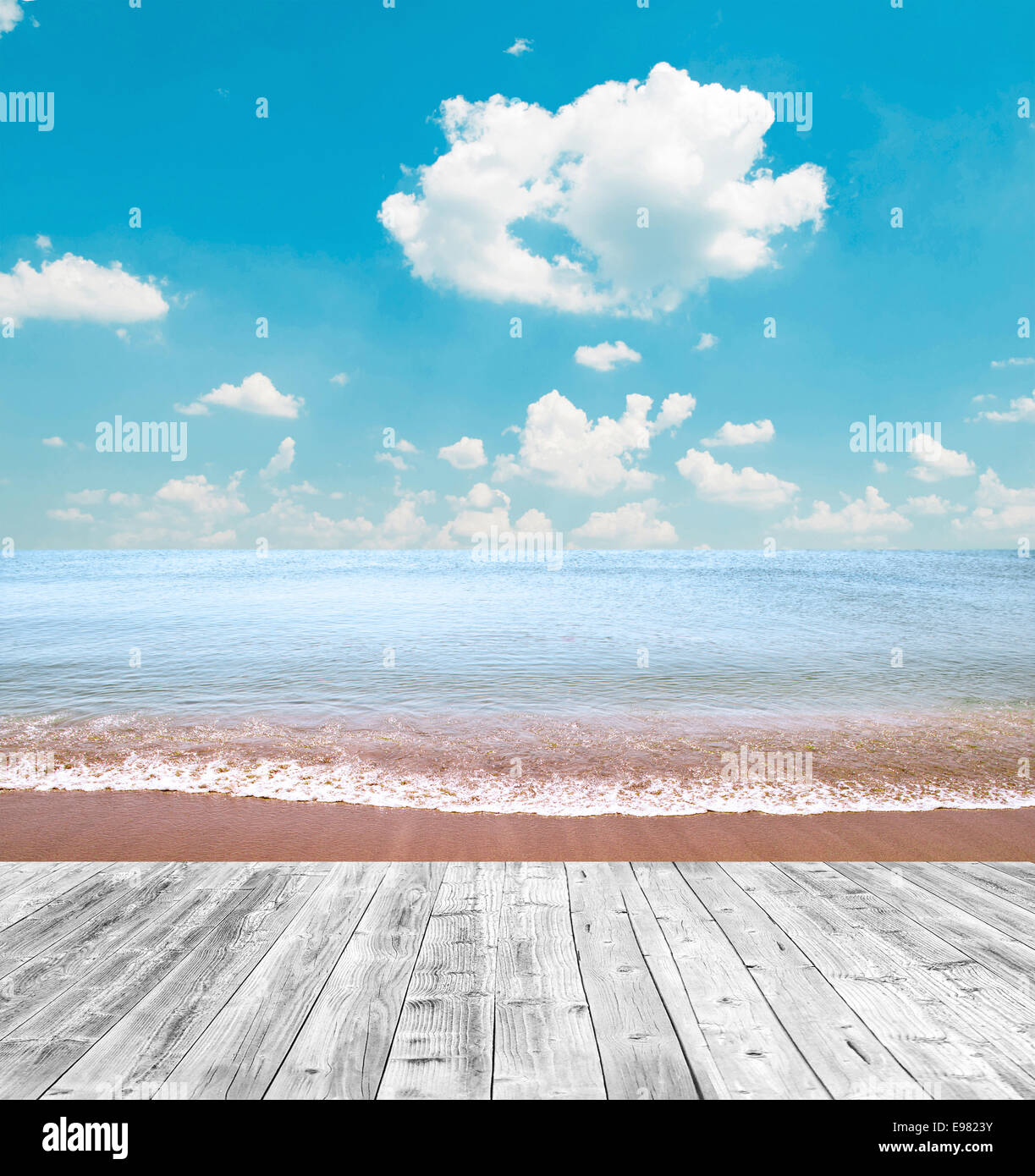 Tropical beach and wooden floor Stock Photo - Alamy