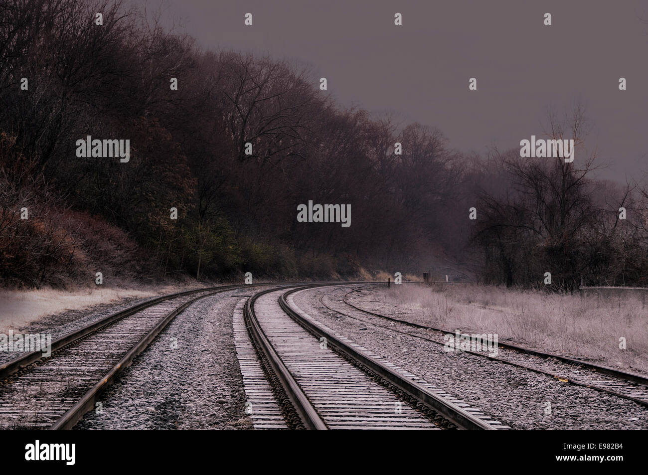 View train tracks from center tracks on winters day. Dark trees are to ...