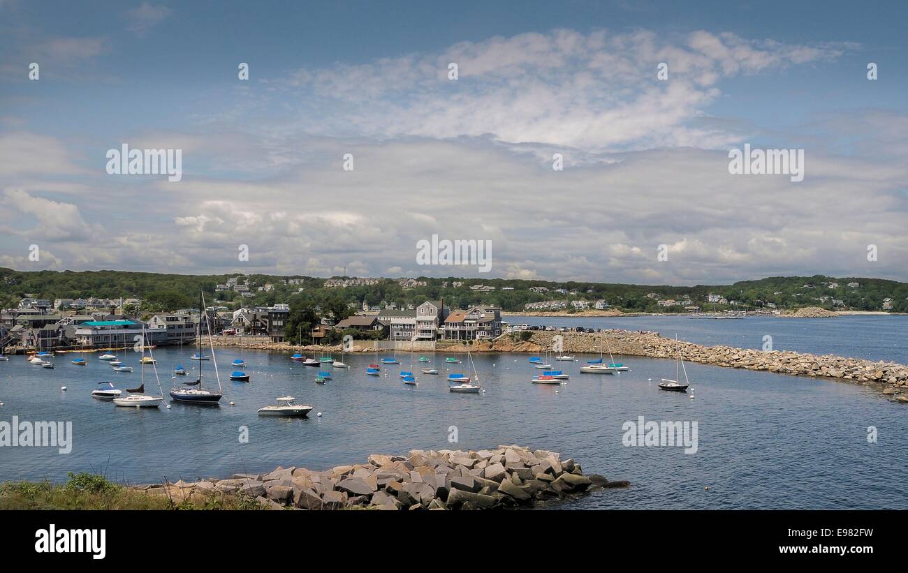 View looking downward at Rockport Bay filled various size recreational ...