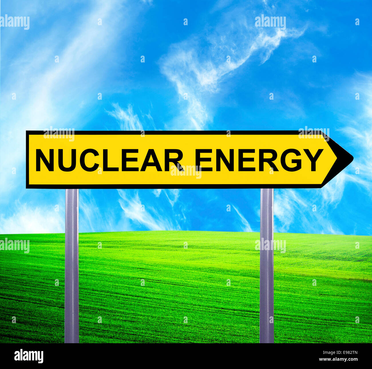 Conceptual arrow sign against beautiful landscape with text - NUCLEAR ...