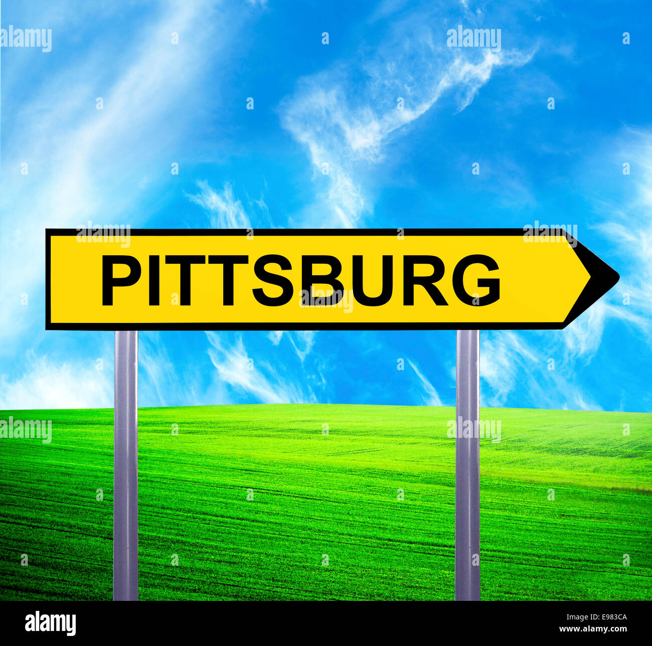 Conceptual arrow sign against beautiful landscape with text - PITTSBURG ...