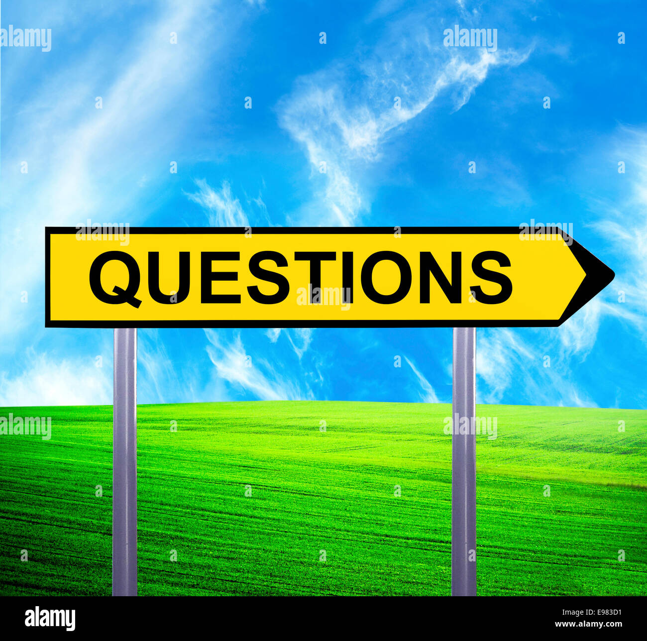 Conceptual arrow sign against beautiful landscape with text - QUESTIONS ...