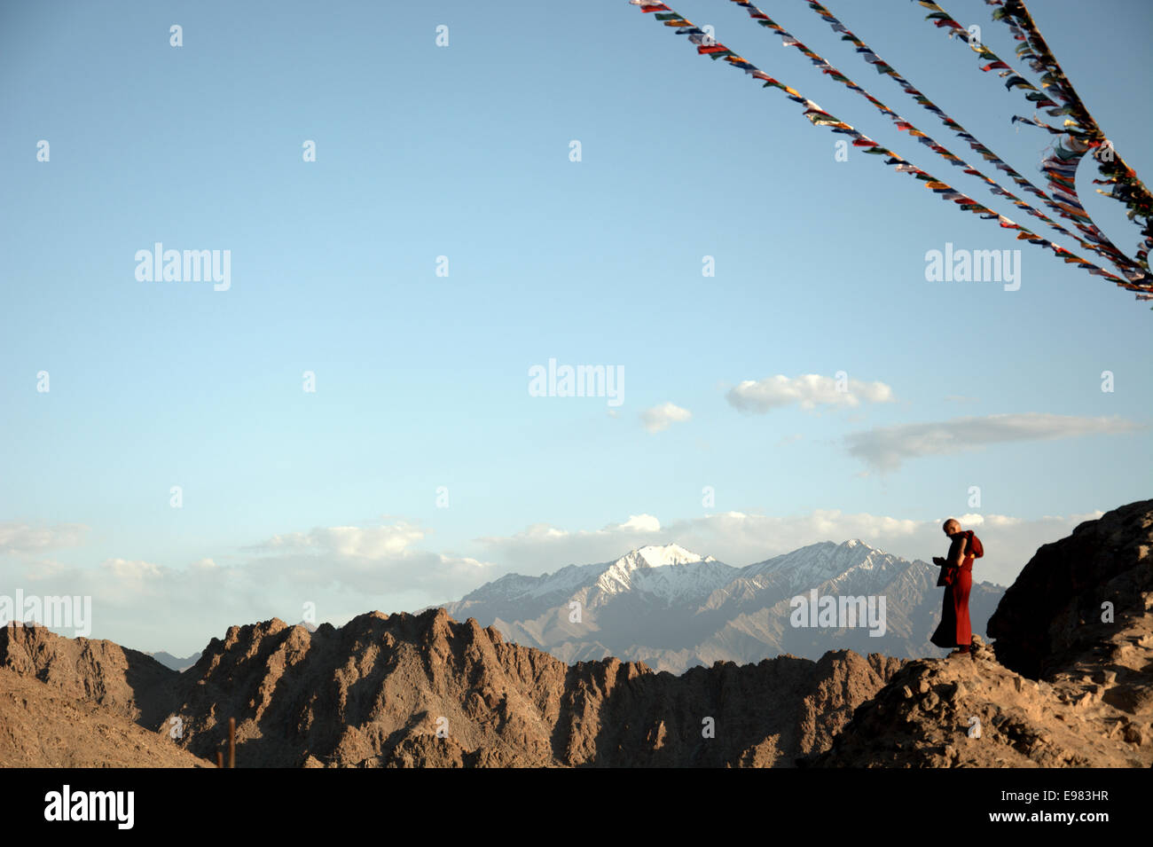 Tibetan monk stringing up prayer flags near monastery above Leh, Ladakh ...