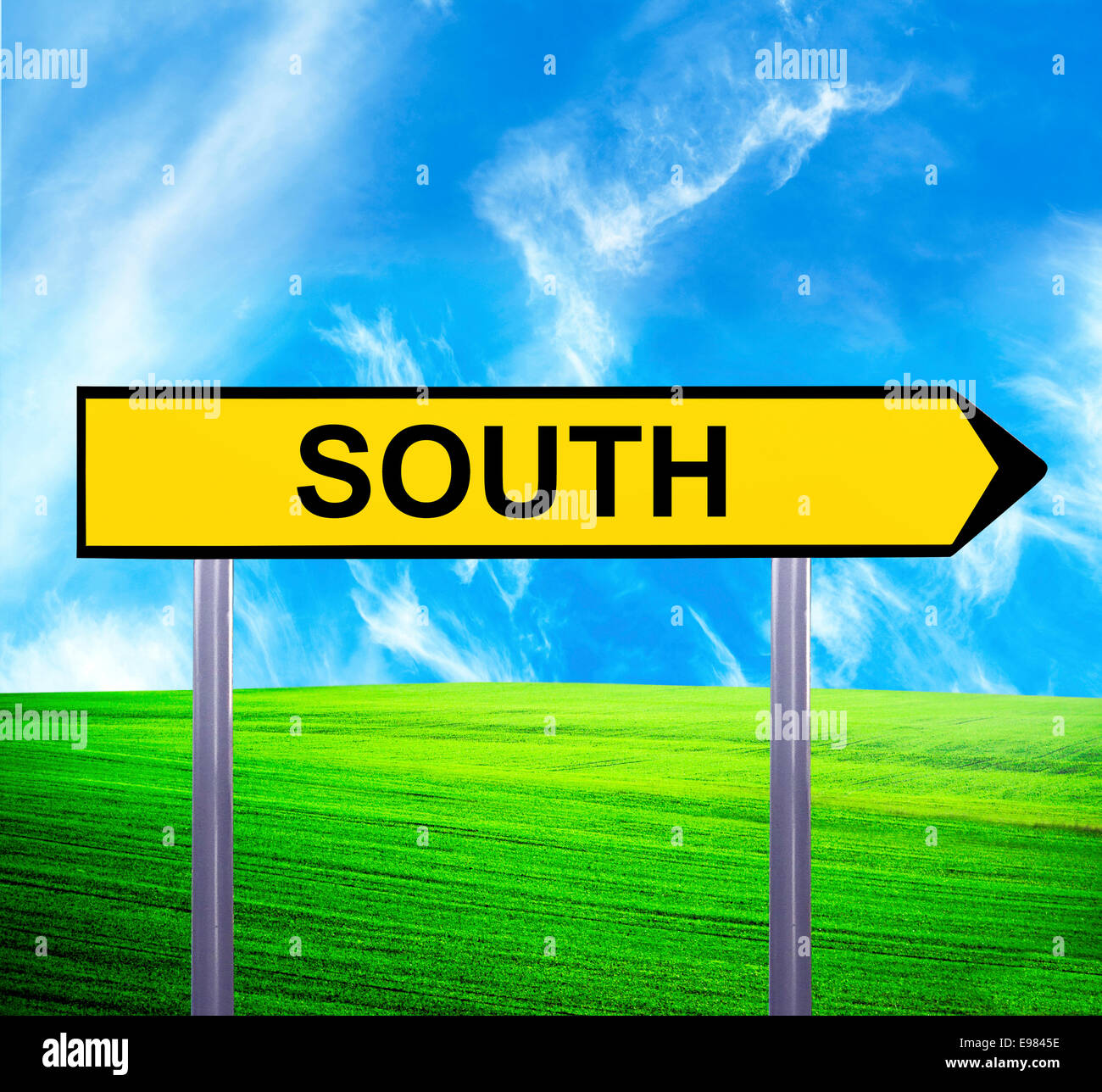 Conceptual arrow sign against beautiful landscape with text - SOUTH ...