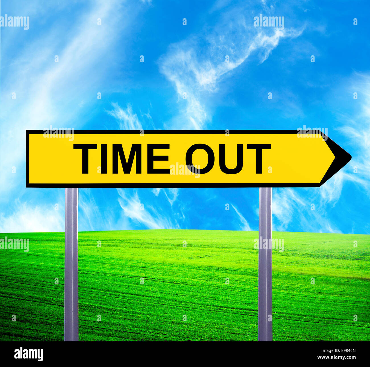 Conceptual arrow sign against beautiful landscape with text - TIME OUT ...