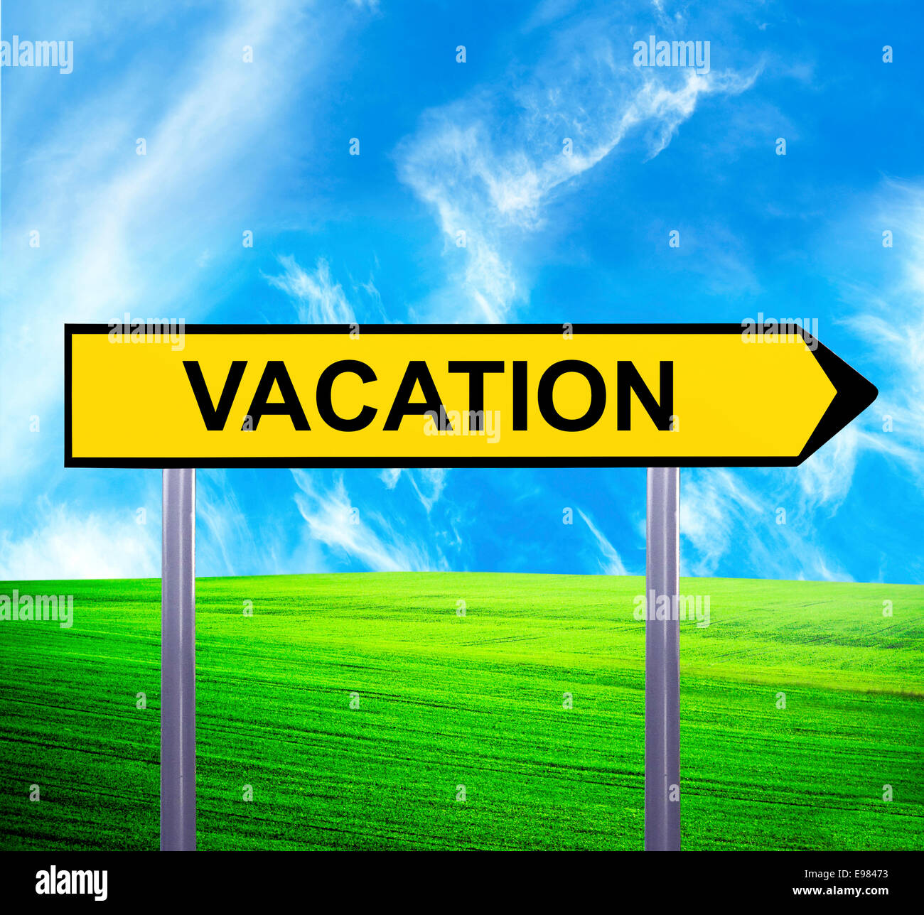 Conceptual arrow sign against beautiful landscape with text - VACATION ...
