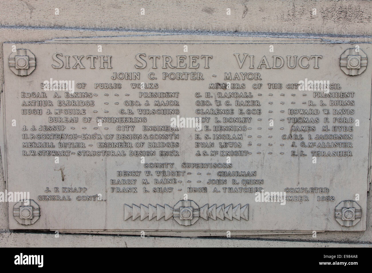 Dedication plaque on 6th Street Bridge (Viaduct) over the Los Angeles ...