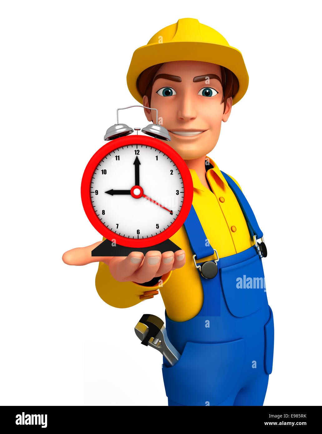 Illustration of young mechanic with table clock Stock Photo - Alamy