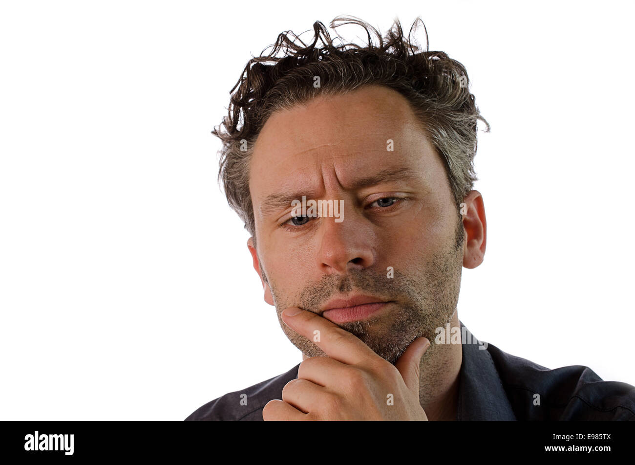 Portrait of a sad man thinking on a white background Stock Photo - Alamy