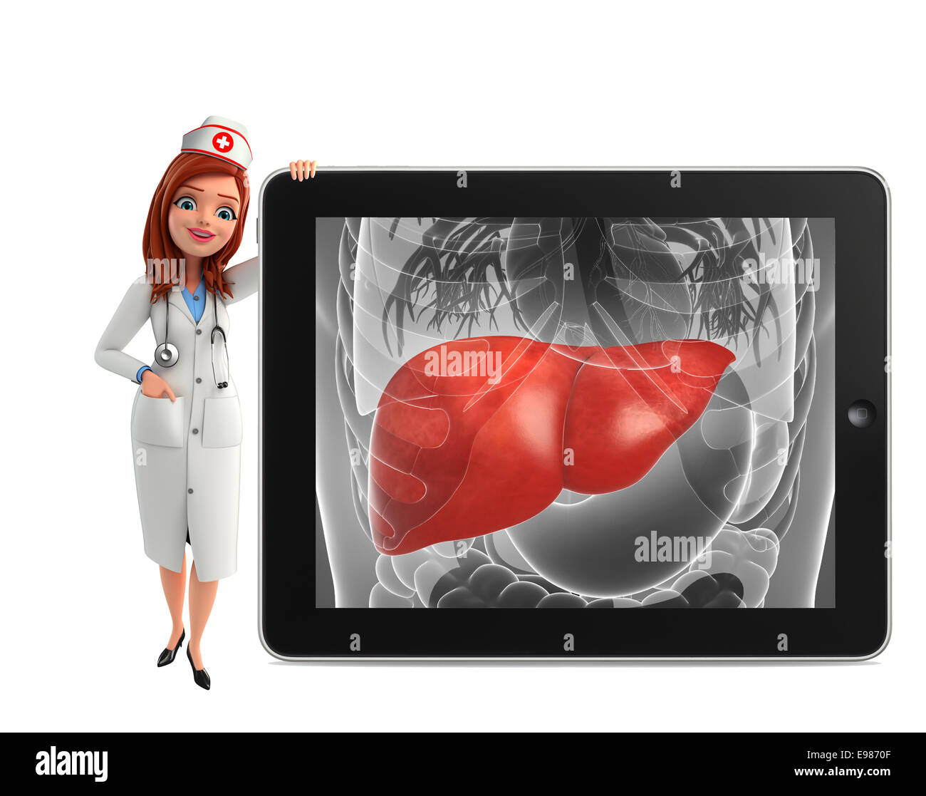 Cartoon Character of Nurse with liver anatomy Stock Photo - Alamy