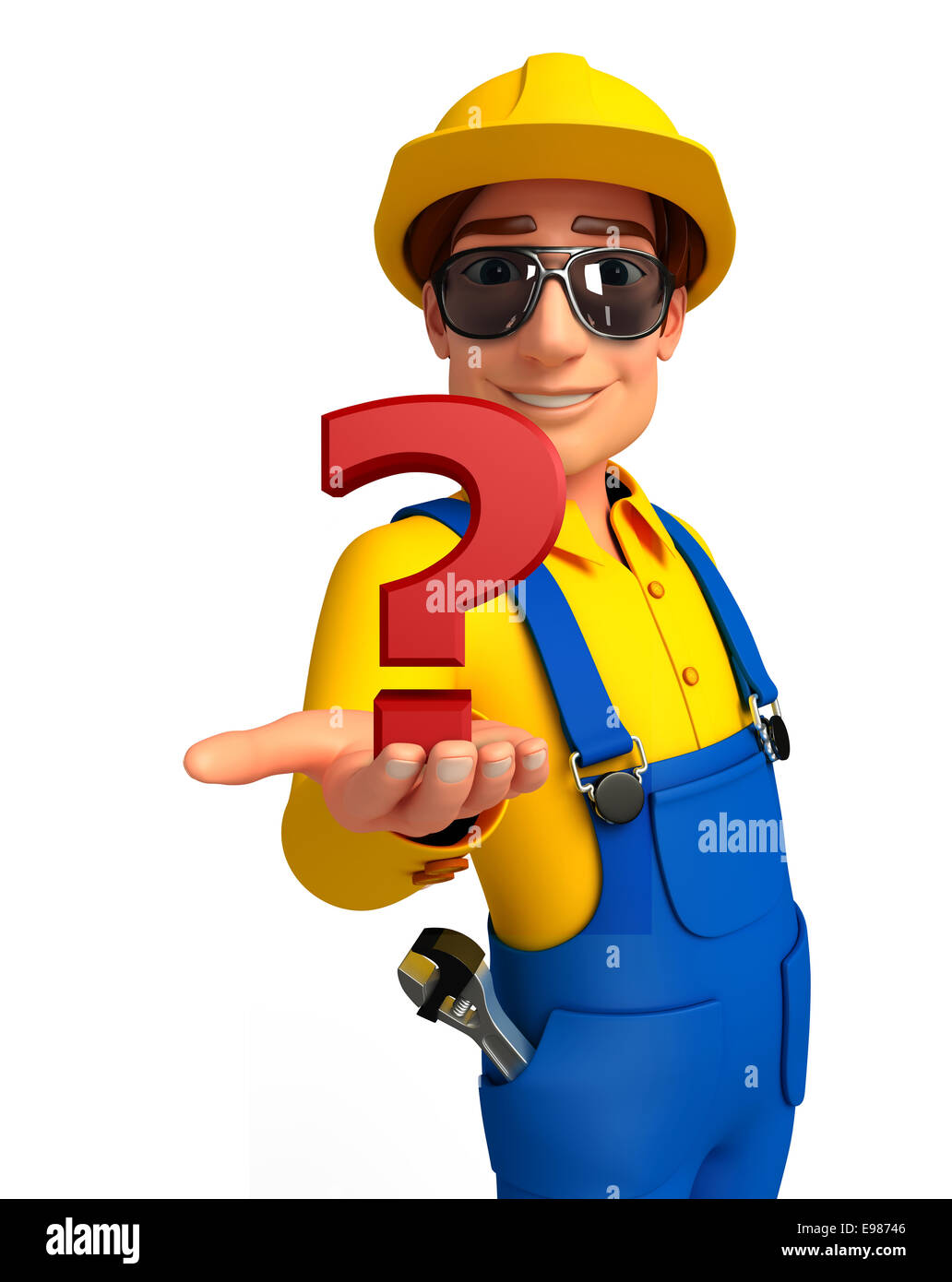 Illustration of young mechanic with question mark Stock Photo - Alamy