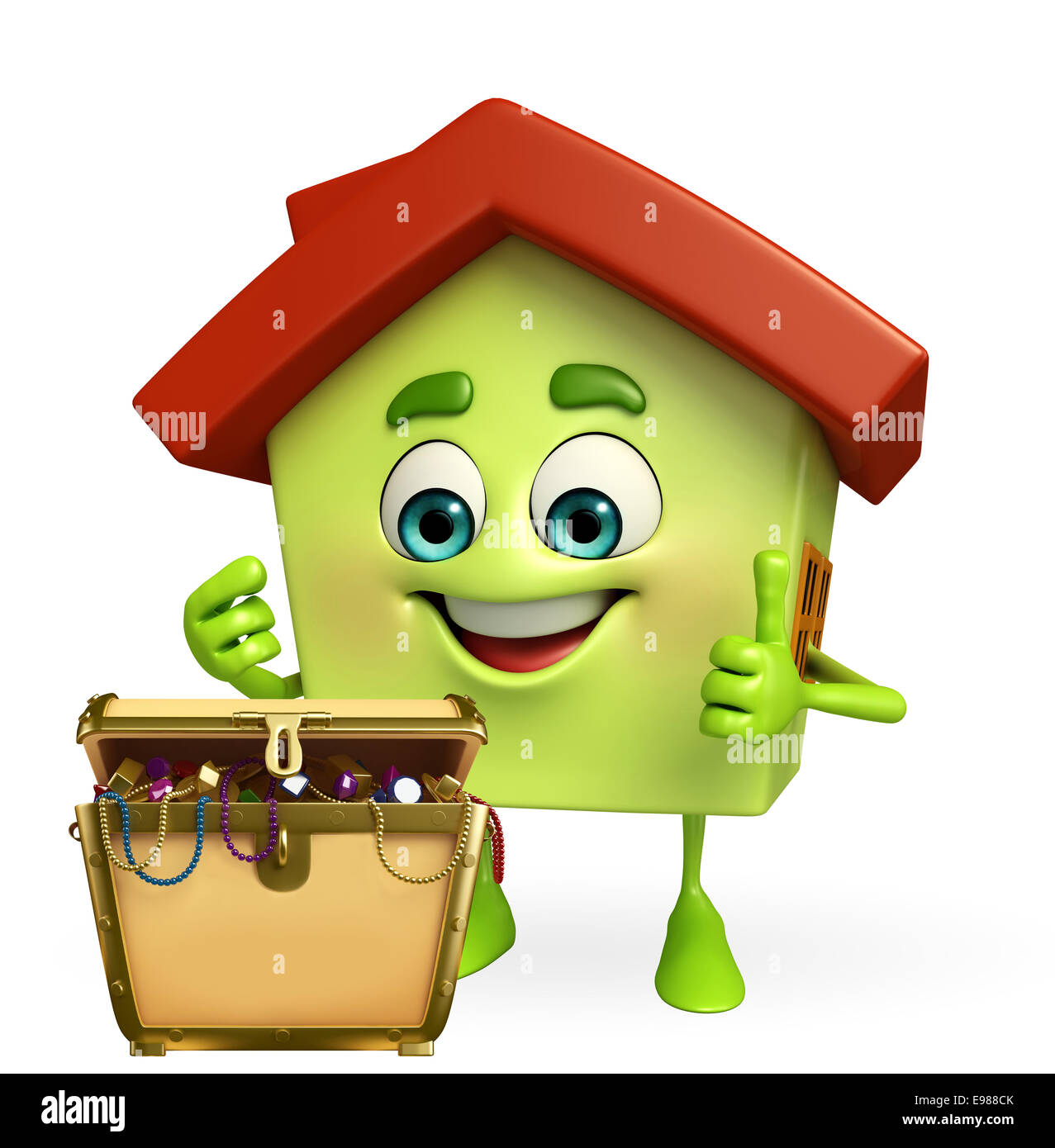 Cartoon Charcter of house with treasure box Stock Photo - Alamy