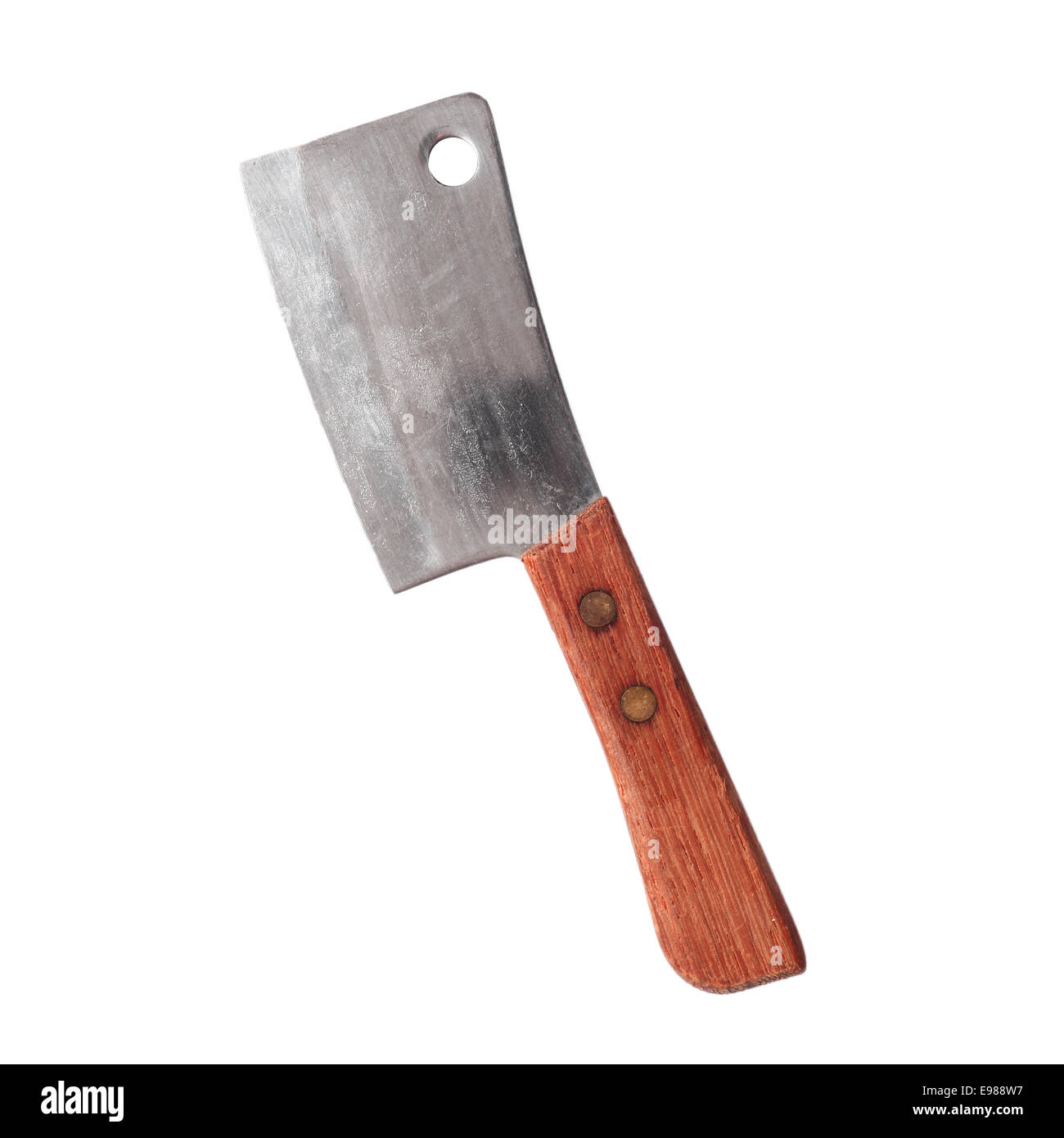 Sharp steel chopper used during food preparation in a kitchen by a chef ...