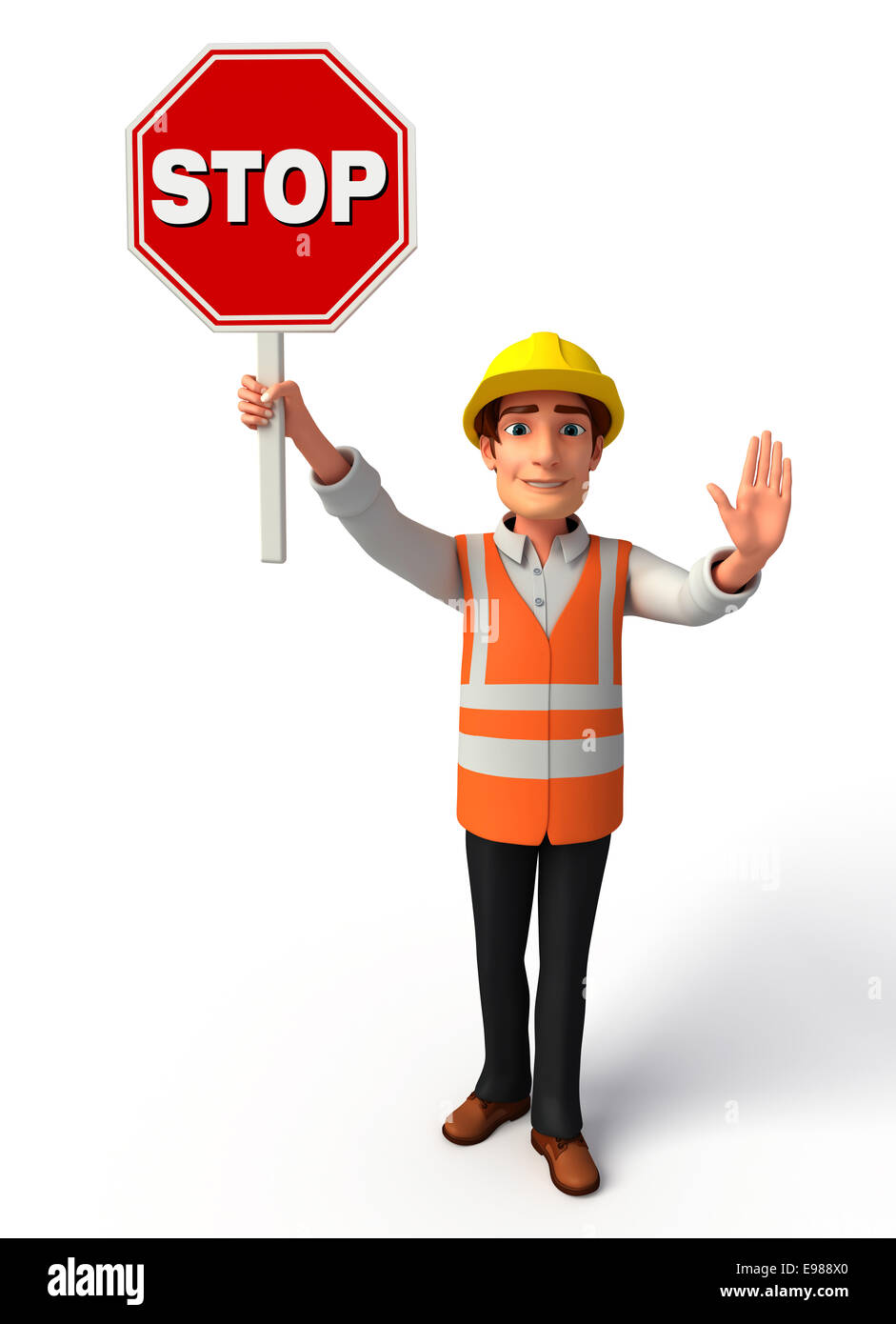 Illustration of young worker with stop sign Stock Photo - Alamy