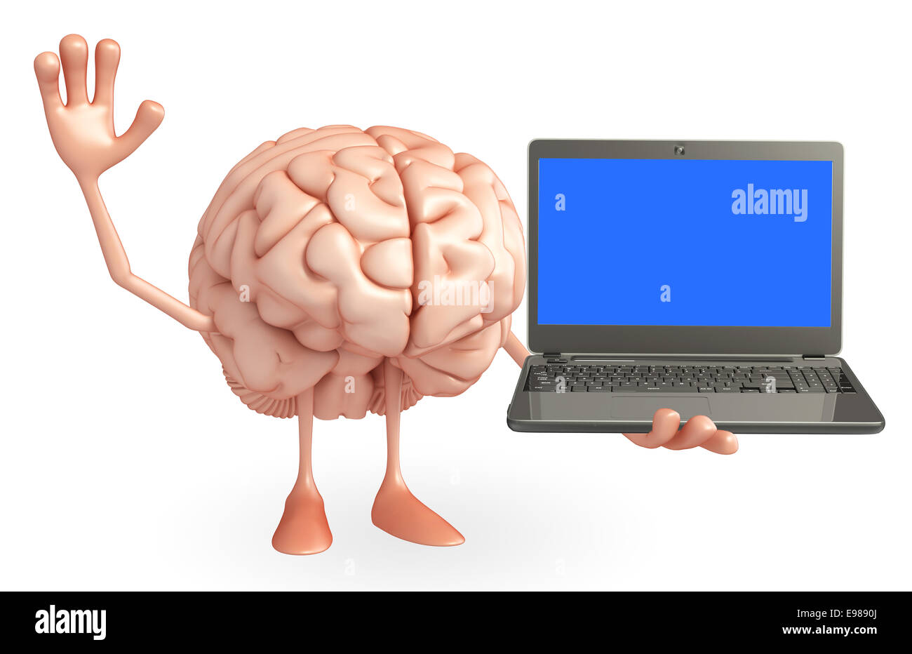 Cartoon character of brain with laptop Stock Photo - Alamy
