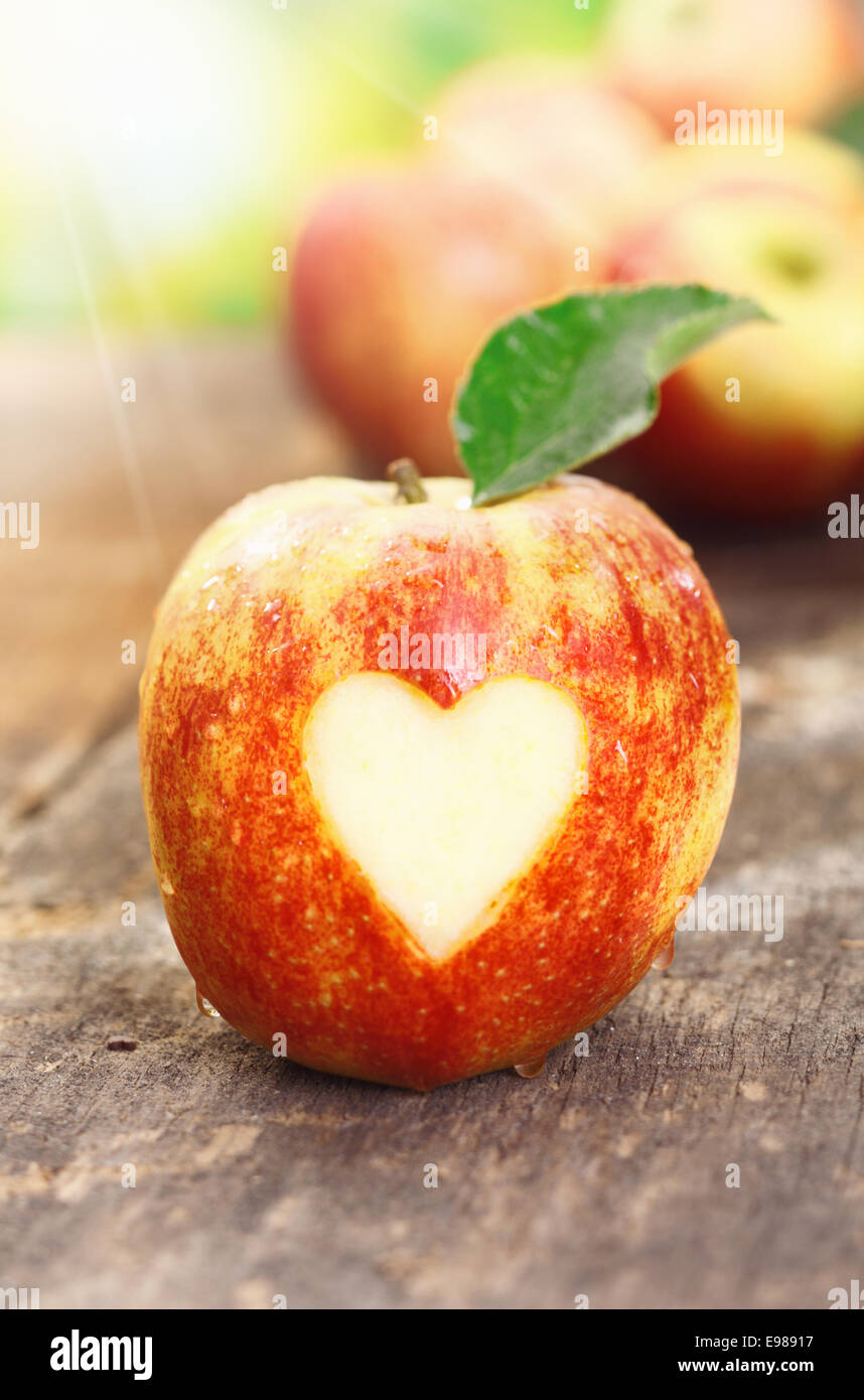 A luscious ripe red apple standing on a wooden table with a neat heart ...