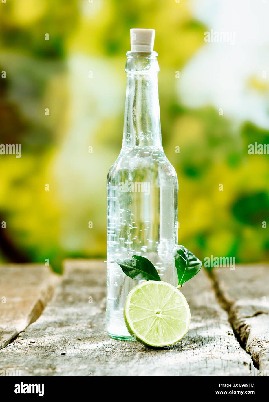 Pure fresh aerated water in a corked glass bottle with sliced lemon on ...
