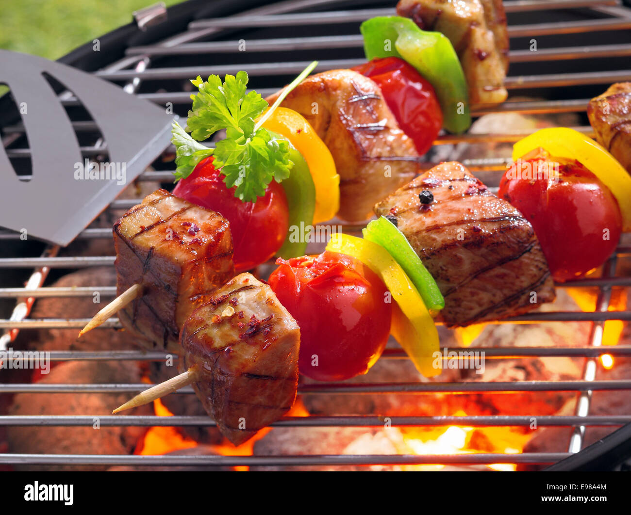 Barbeque with delicious meat kebabs skewered with colourful fresh ...
