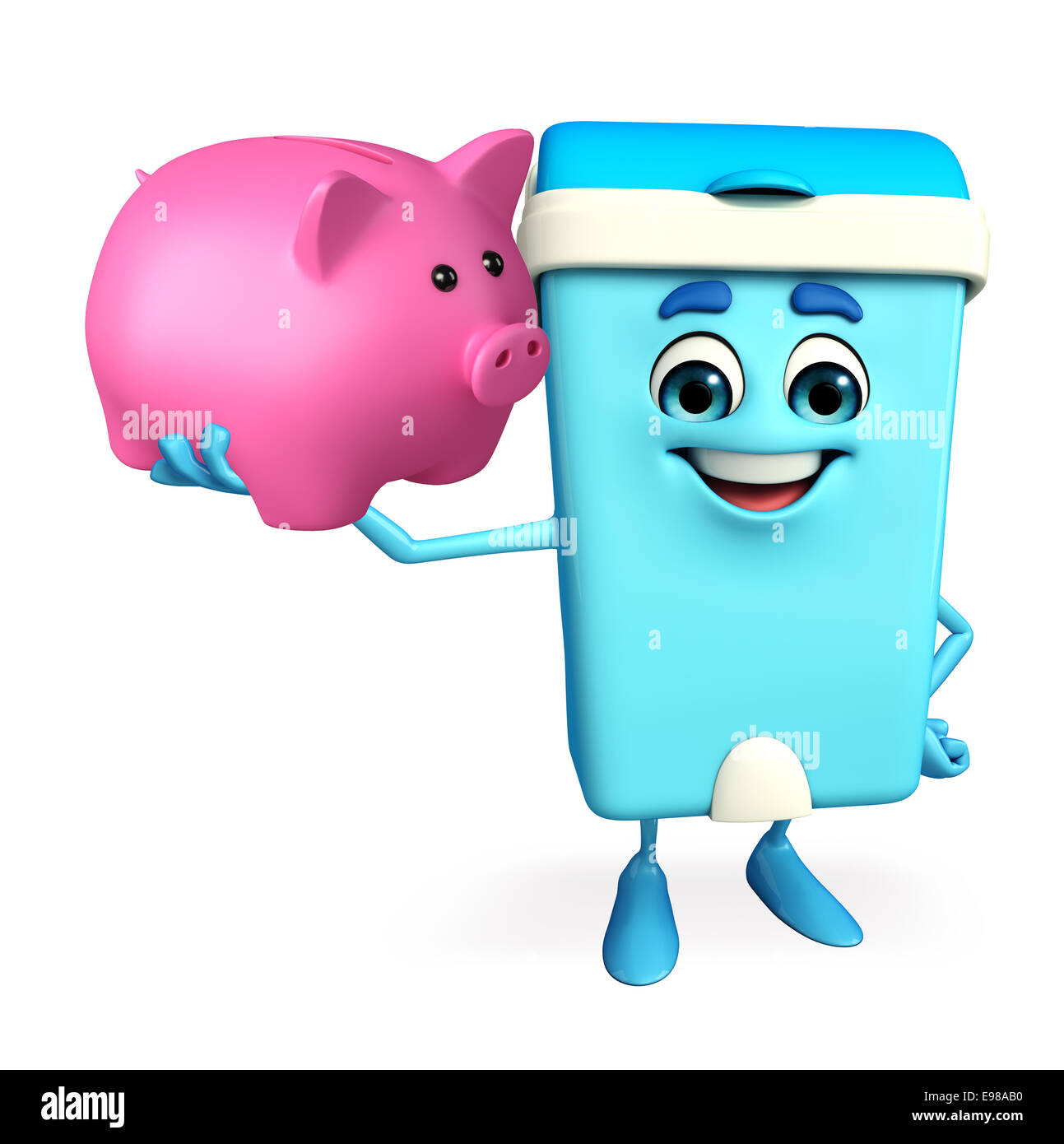 Cartoon Character of Dustbin with piggy bank Stock Photo - Alamy
