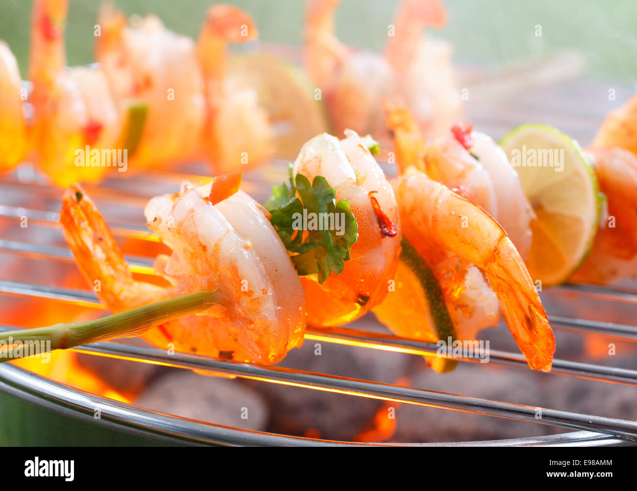 Close up view of Mexican grilled shrimp on stick Stock Photo - Alamy