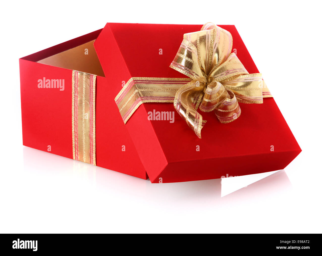 Festive red gift box with an open lid and golden bow for celebrating ...