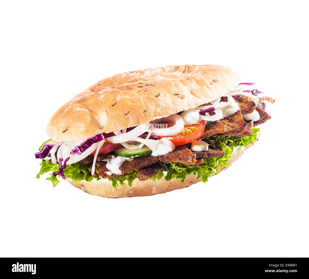 Healthy salad roll, kebab or dÃ¶ner with fresh lettuce, tomato, onion ...