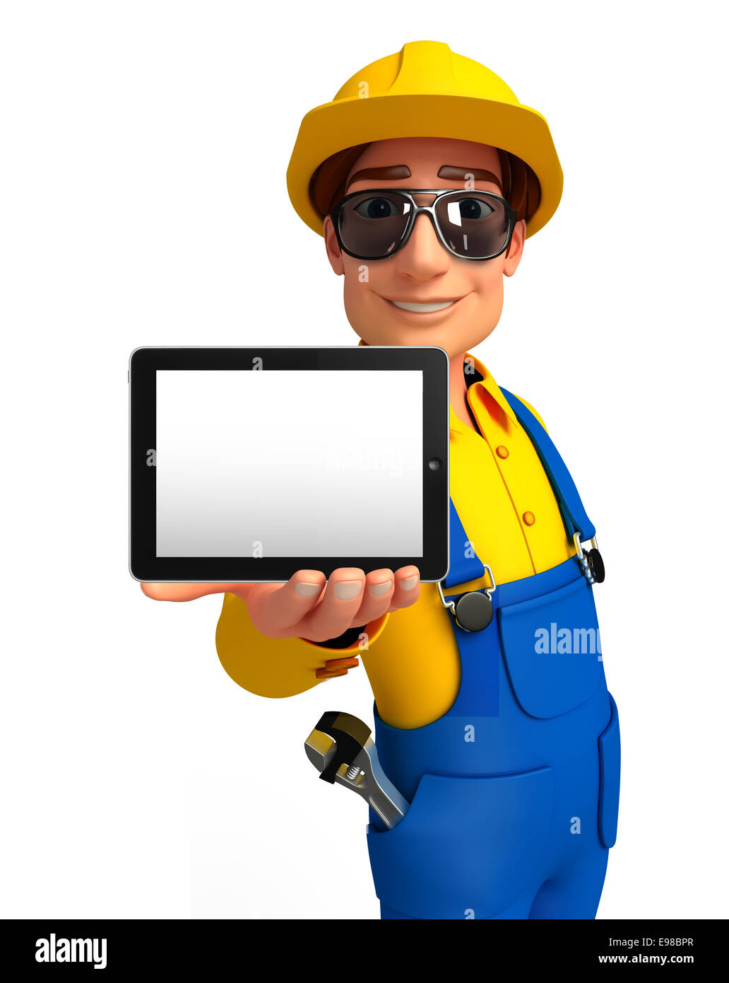 Illustration of young mechanic with tab Stock Photo - Alamy