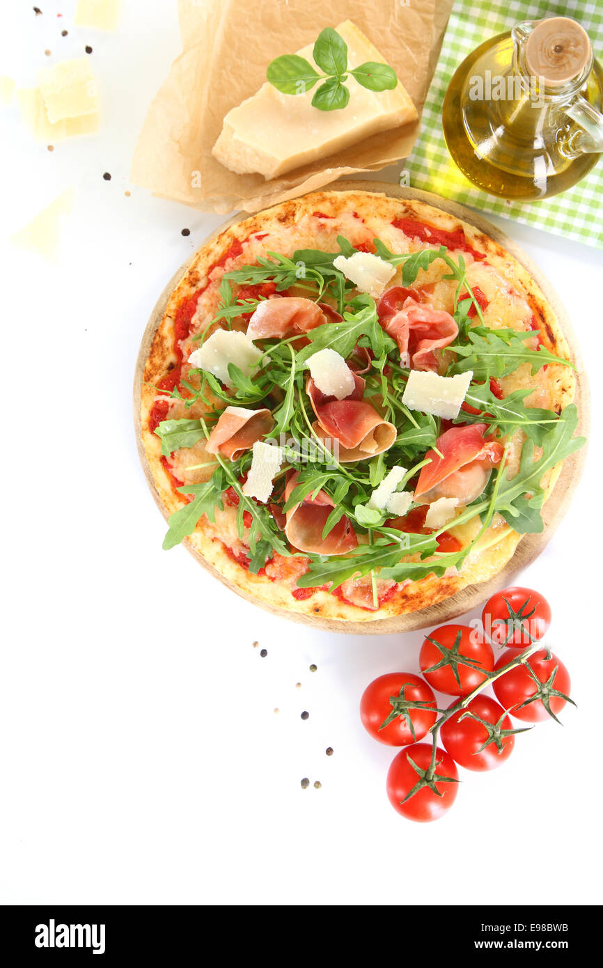 Preparing a gourmet Italian pizza with delicious thinly sliced ...