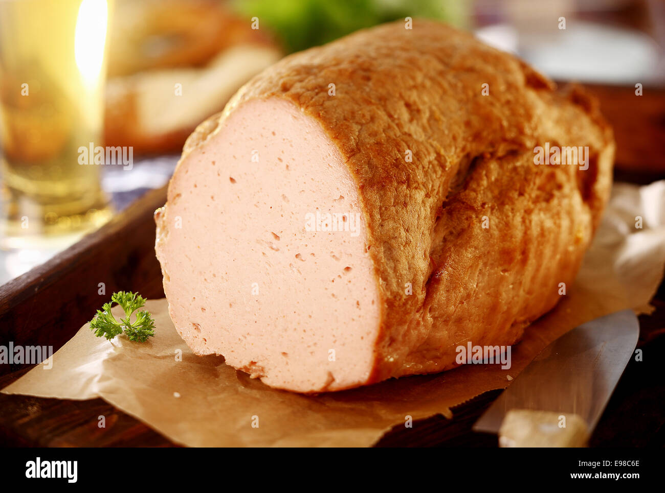 Leberkaese, a German meat loaf made from ground pork, beef, bacon and ...