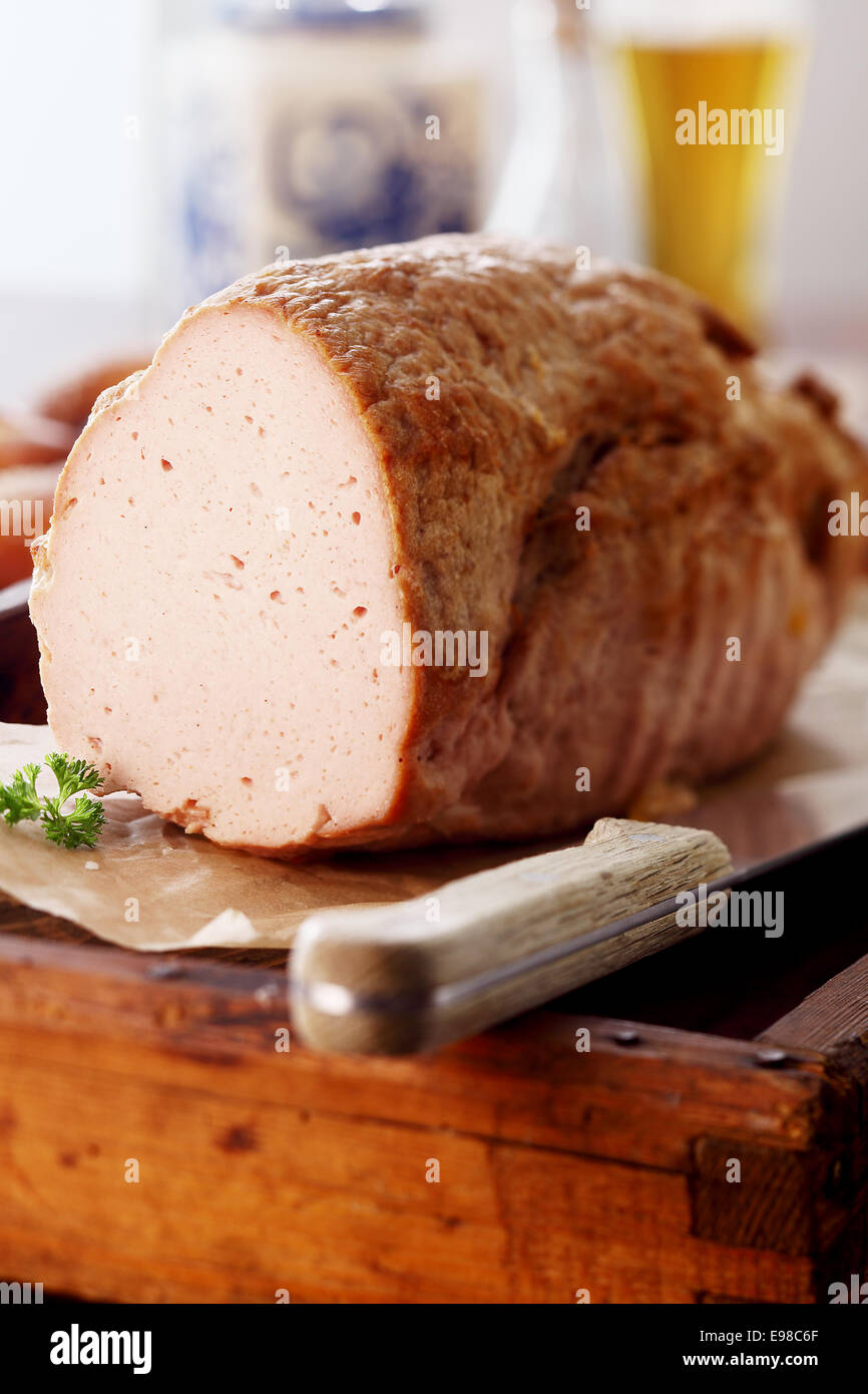 Traditional German leberkaese meat loaf made from ground pork, beef ...