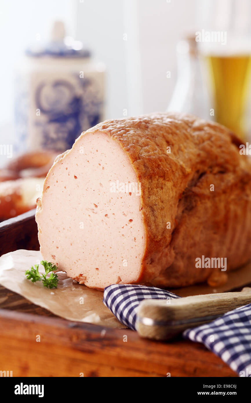 Close up view of a cut section of a traditional baked German meat loaf ...