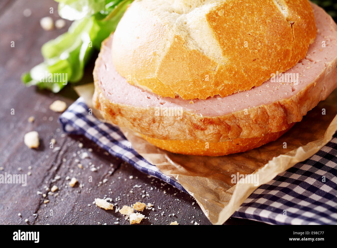 Delicious rustic lunch of a meat loaf sandwich with a crusty white ...
