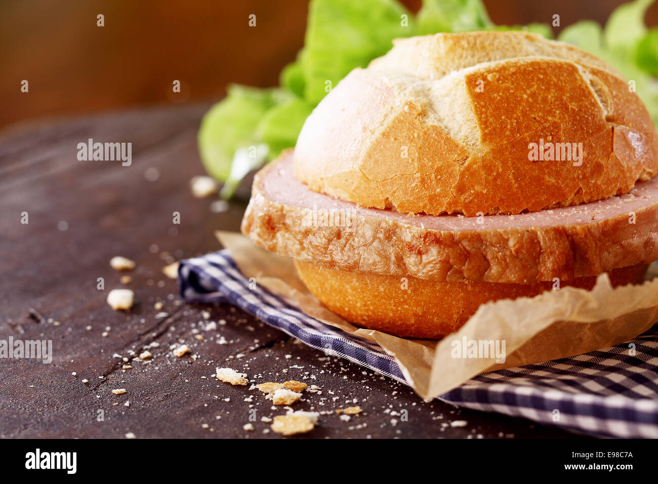 Thick hearty slice of a traditional German meat loaf on a fresh crisp ...