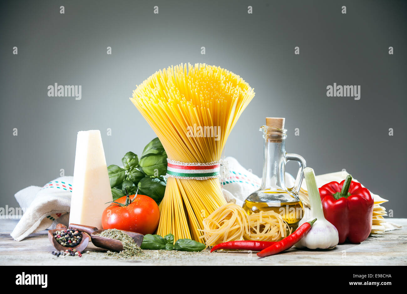Dried Italian spaghetti tied with a ribbon in the colours of the ...