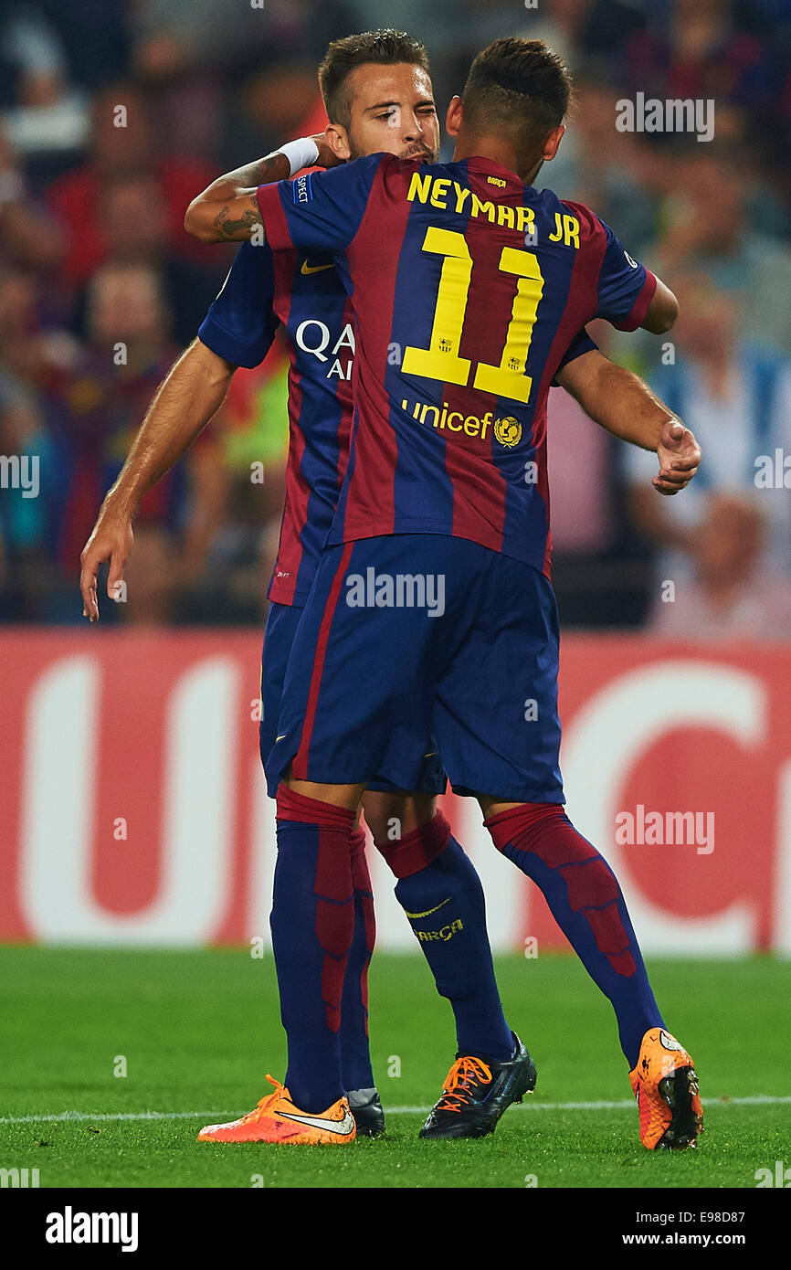 Neymar da Silva Jr (FC Barcelona) celebrates with his teammate Jordi ...