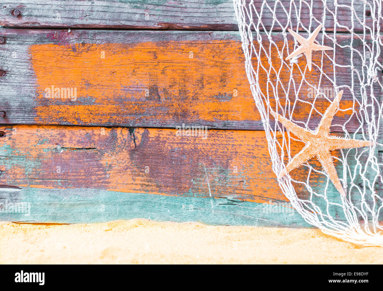Nautical starfish background with rustic grunge weathered blue painted ...