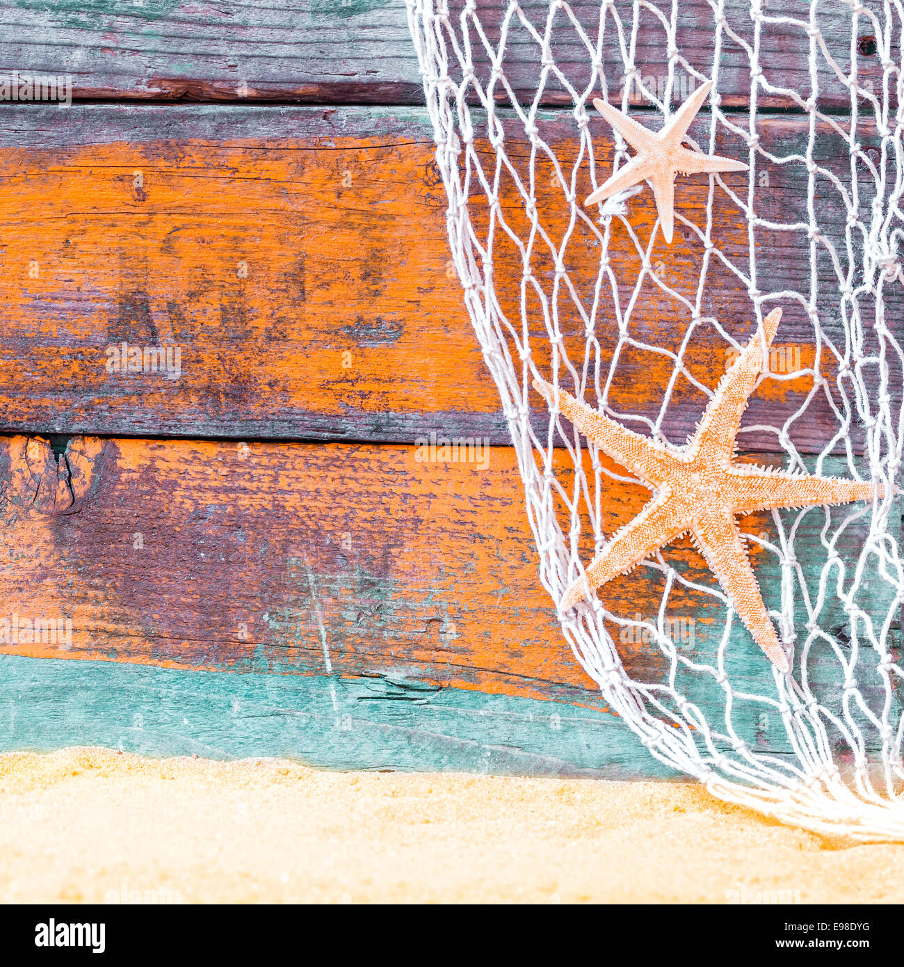 Rustic nautical background with starfish hanging in a fishing net ...