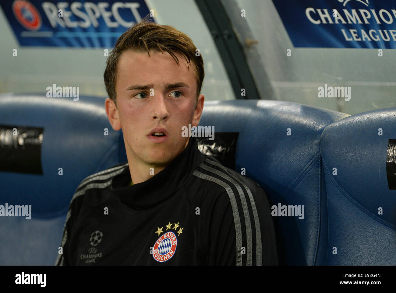 Munich's goalkeeper Lukas Raeder sits on the bench prior to the UEFA ...
