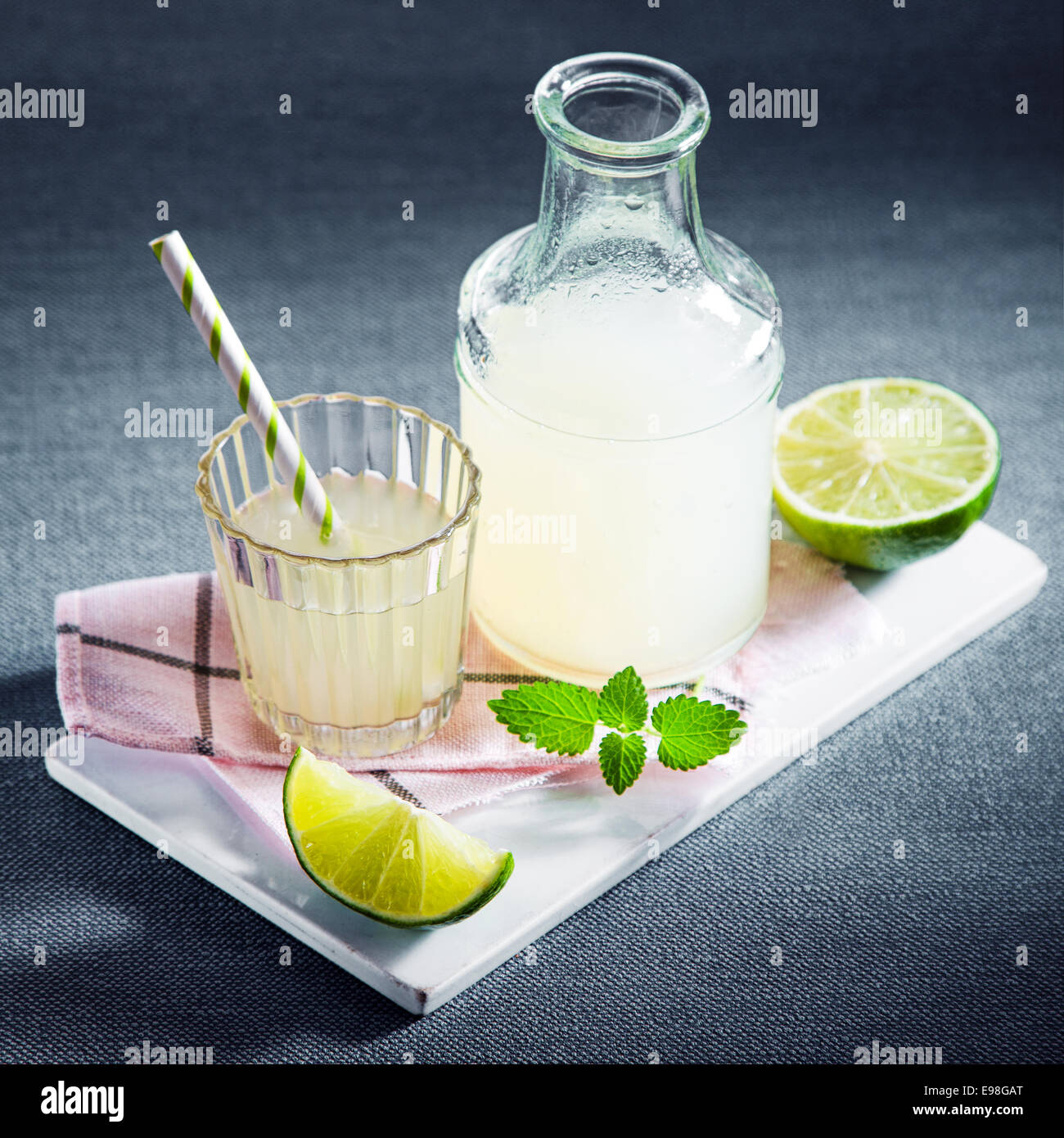 Bottle and glass of freshly prepared chilled lemon juice or lemonade ...