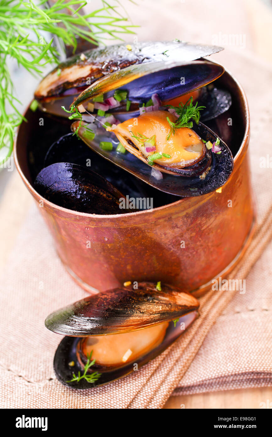 Closeup view saucepan mussels in hi-res stock photography and images ...