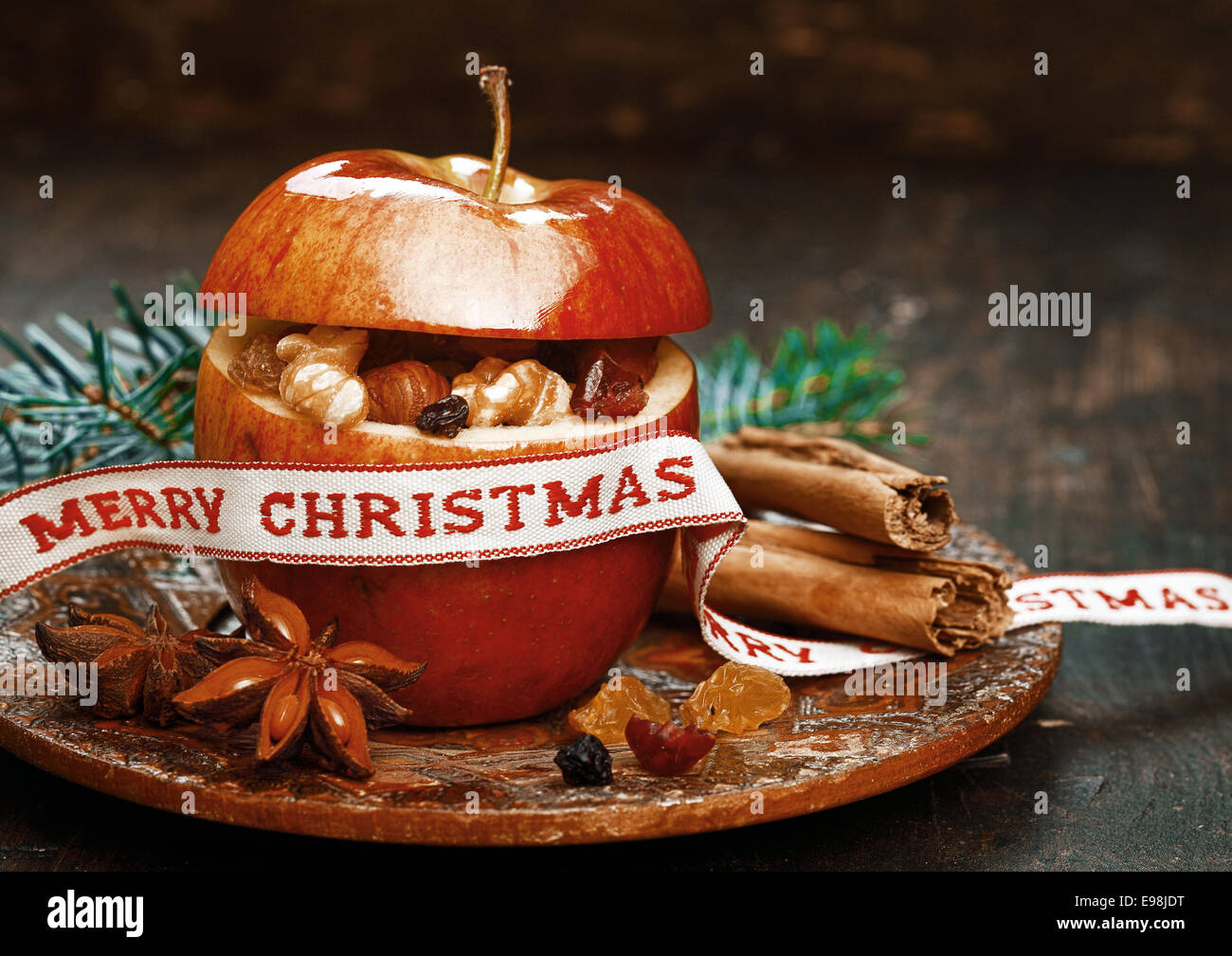 Red Christmas Apple with Anise, Lace and Cinnamon Stick on Round ...