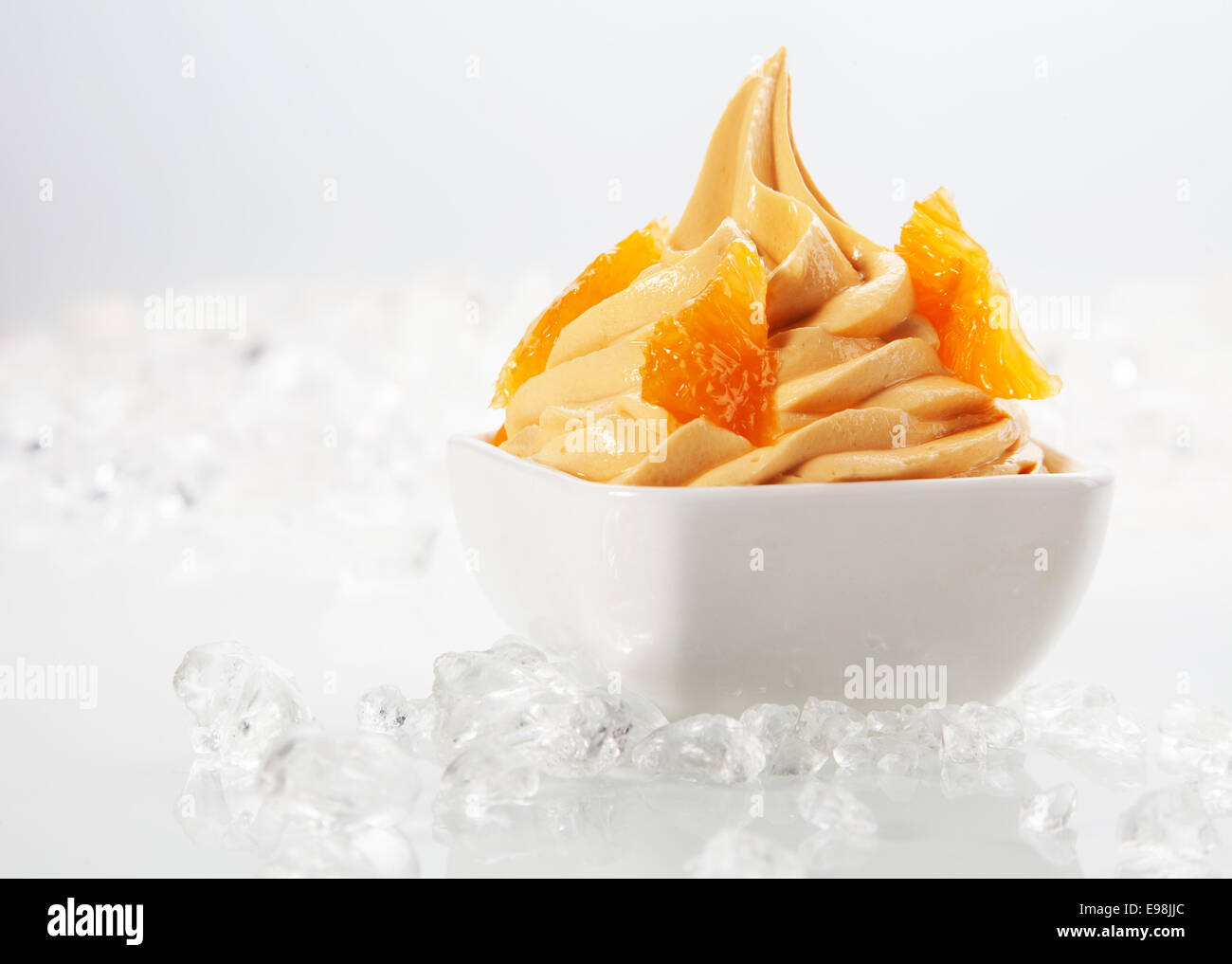 Close Delicious Yellow Frozen with Tasty Toppings on White Bowl ...