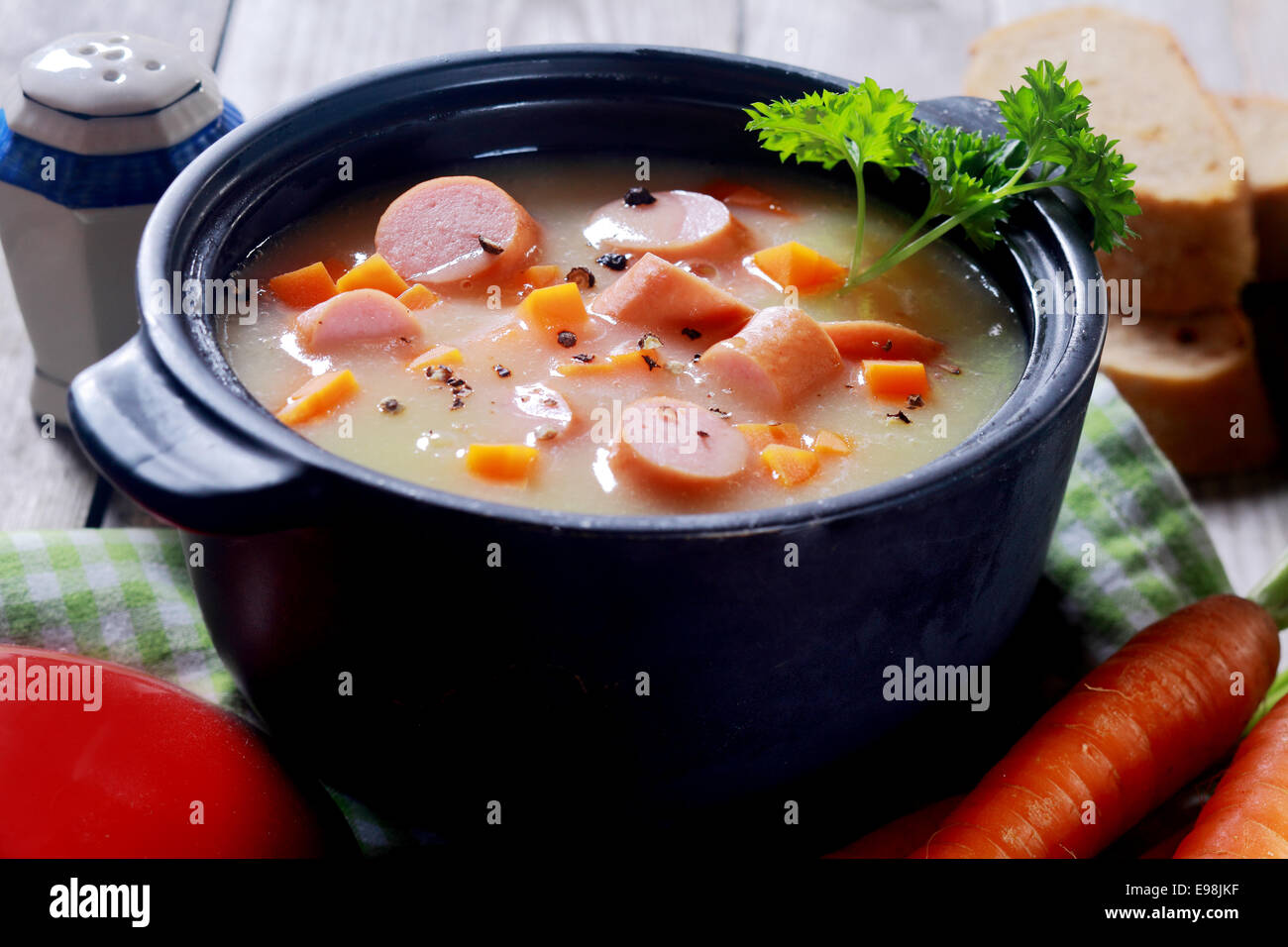 Close up Appetizing Creamy Soup Dish on Black Pot Placed on Wooden ...