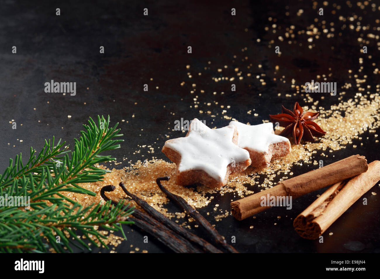 Crunchy spicy star shaped Christmas biscuits glazed with white icing ...