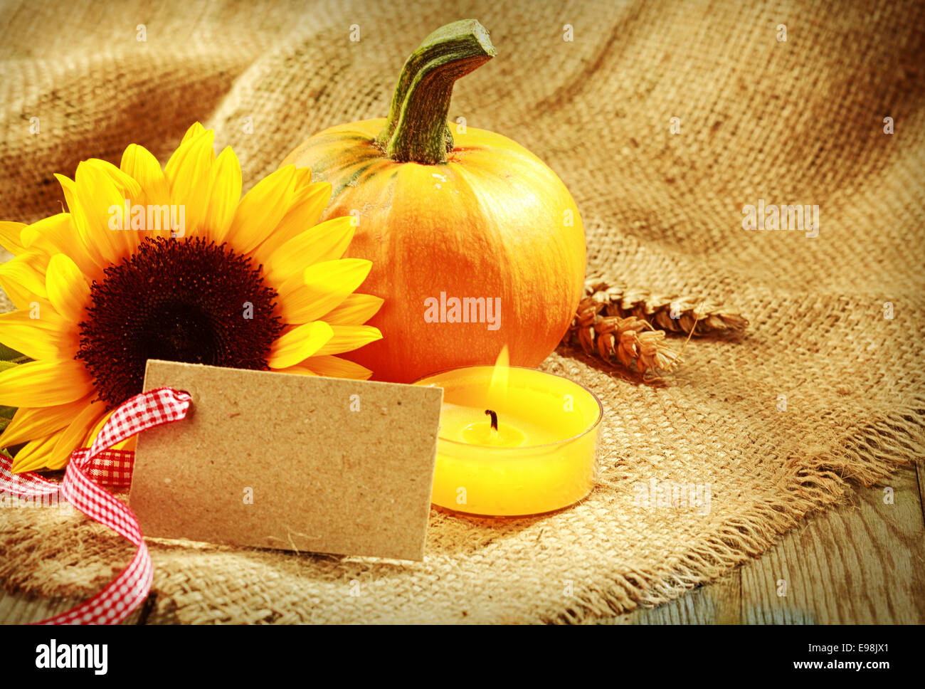 Rustic warm toned Thanksgiving background with a blank card tied with a ...